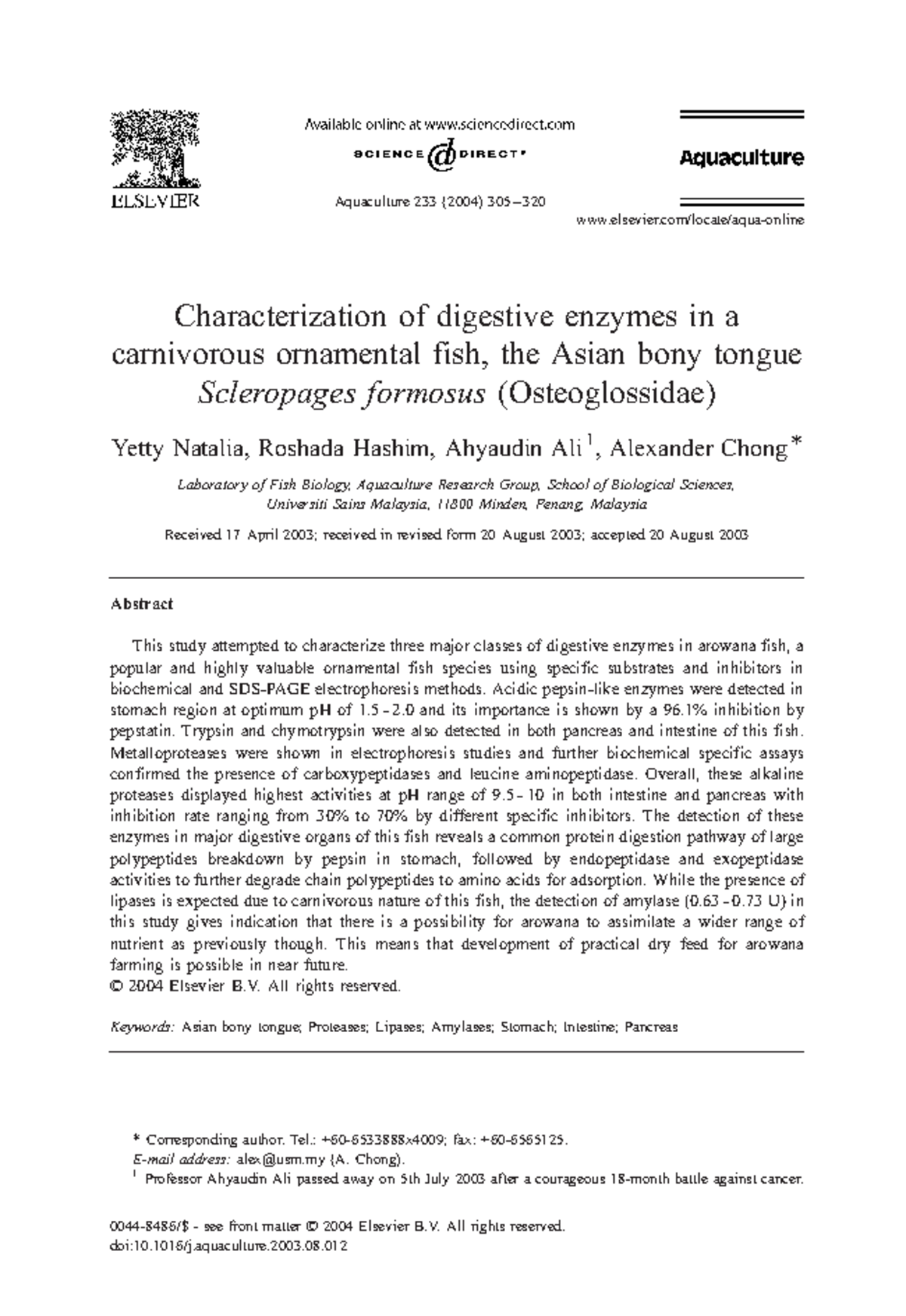 Characterization of Digestive Enzymes in Carnivorous Fish (SCL 2004 ...
