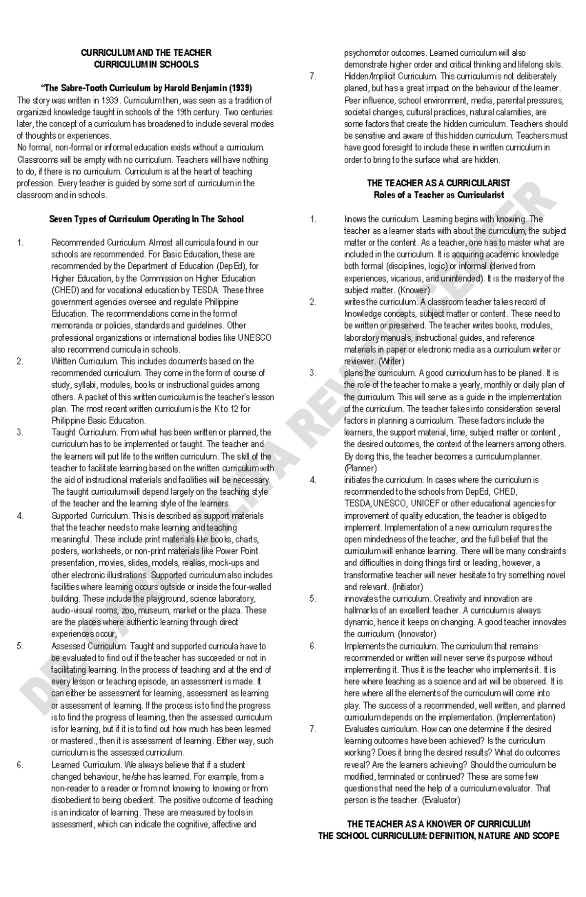 PED 3 Handout: Understanding the Teacher's Role in School Curriculum ...