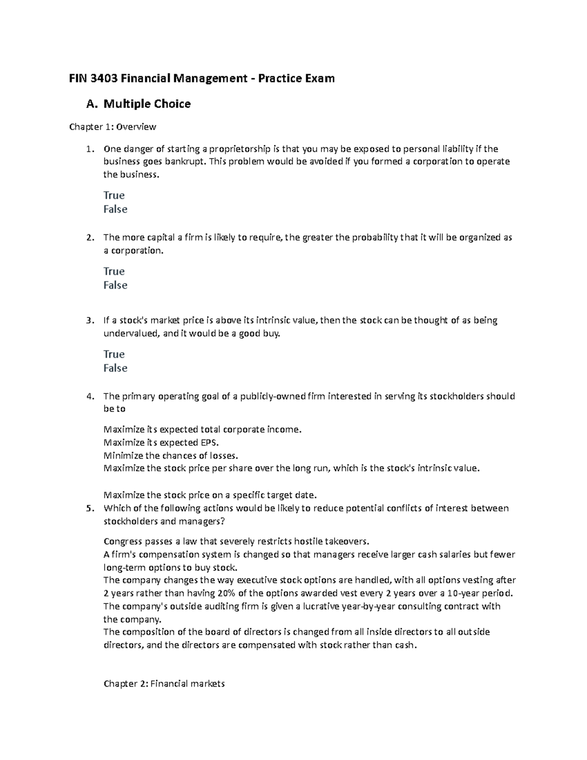 FIN 3403 Financial Management - Practice Exam Ch 1-4 Review - Studocu