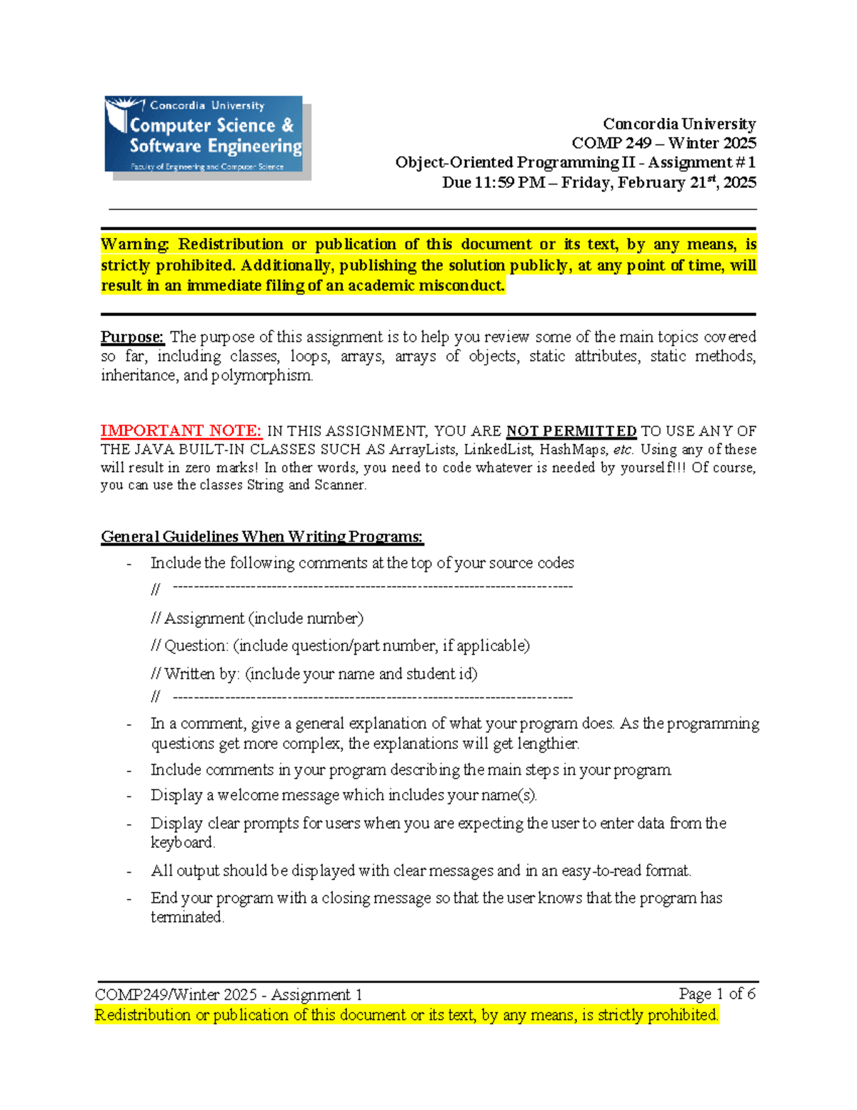 COMP 249 - Winter 2025 - Object-Oriented Programming Assignment 1 - Studocu