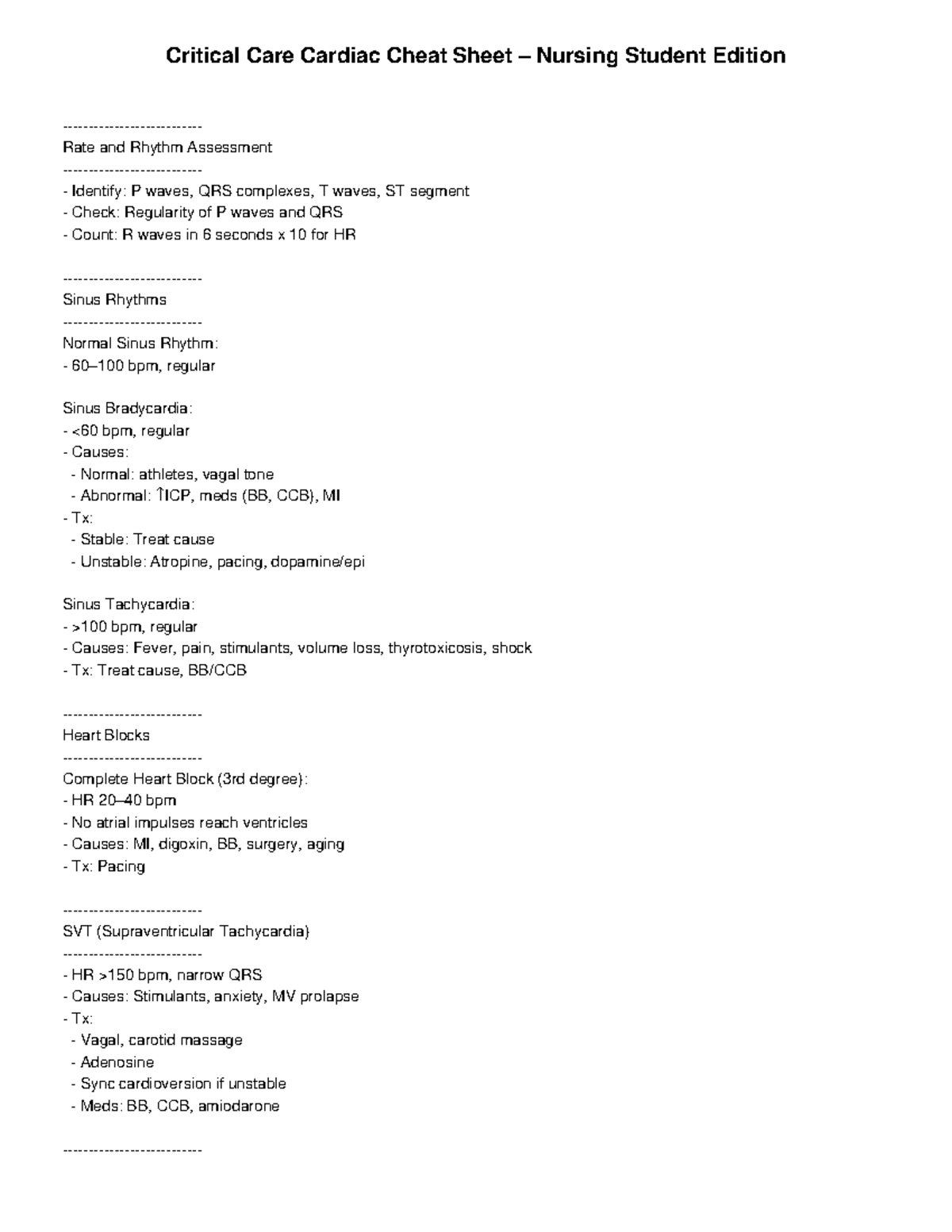 Critical Care Cardiac Cheat Sheet: Nursing Student Edition - Studocu