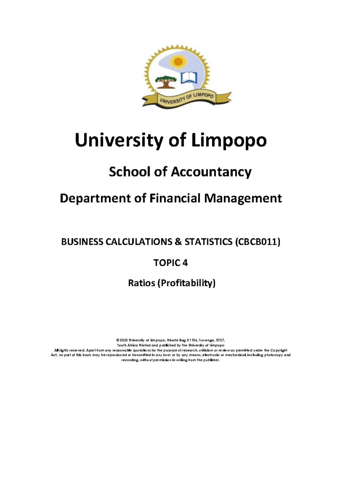 Business Calculations: Profitability Ratios (CBCB011) Module Notes ...