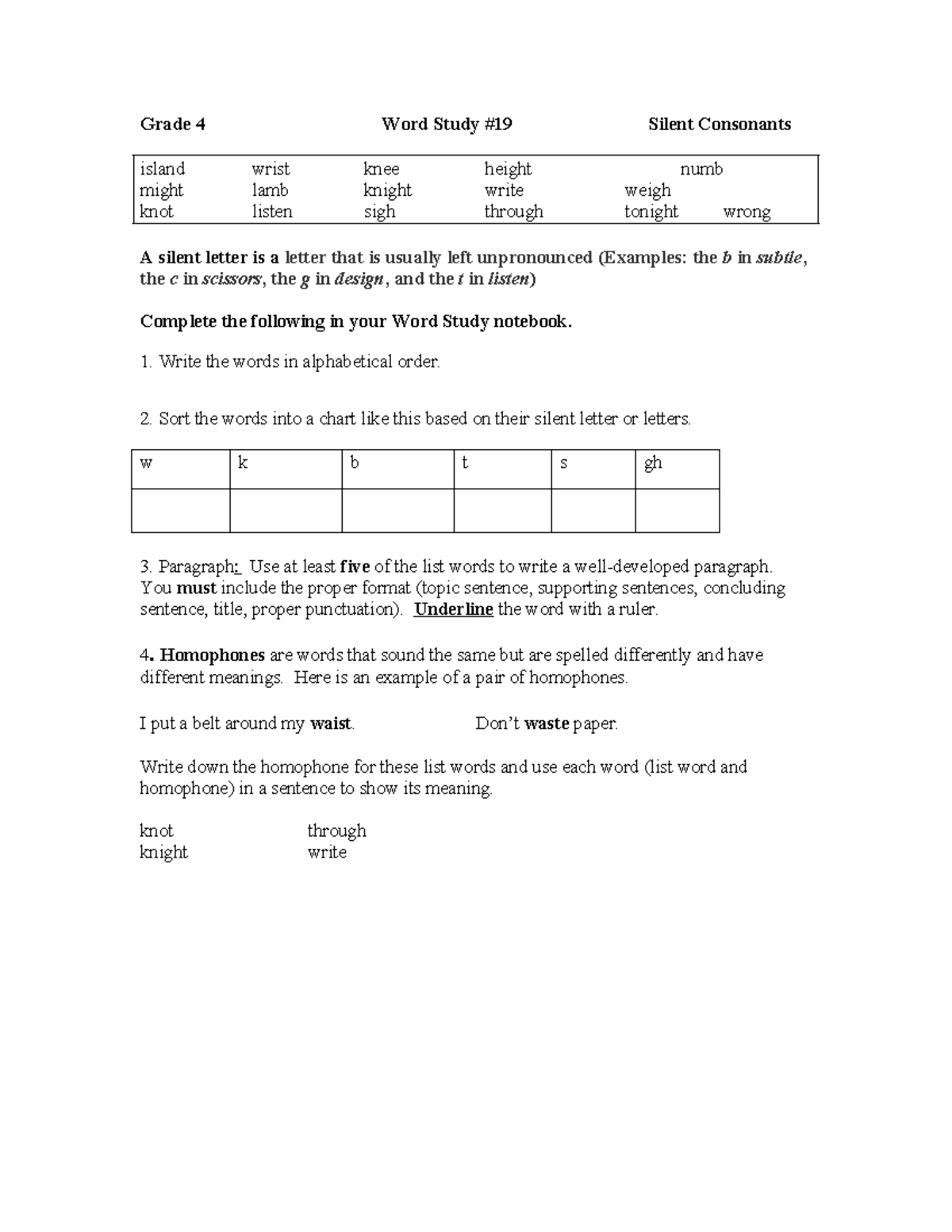 Grade 4 Word Study: Silent Consonants & Homophones (Word Study #19 ...