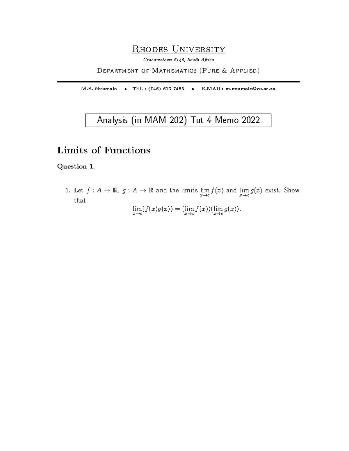MAM 202 Tut 4 Memo 2025 - Limits of Functions Analysis - Studocu