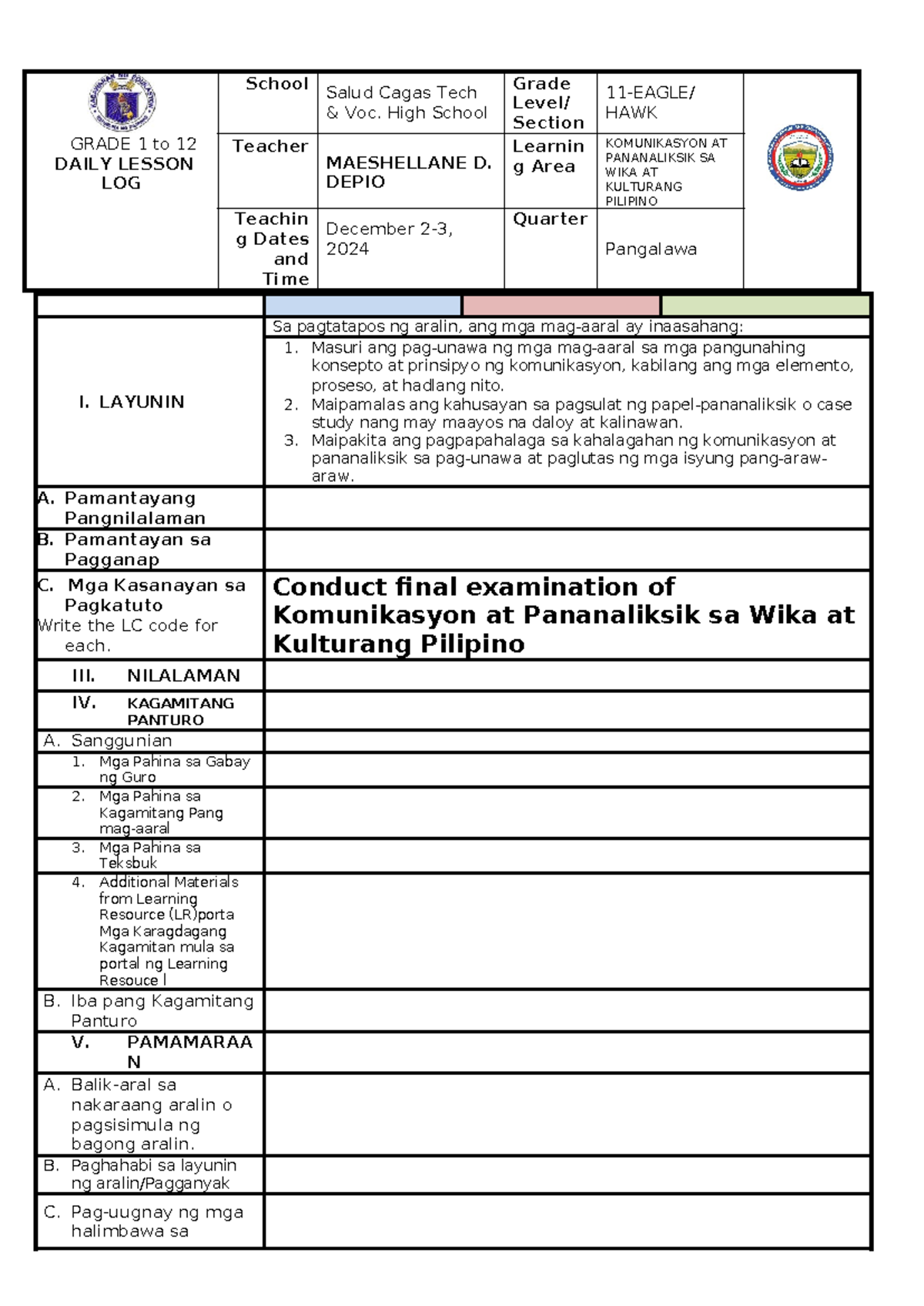 KOMunikasyon Dec. 4-5 - lesson plan - I. LAYUNIN Sa pagtatapos ng ...