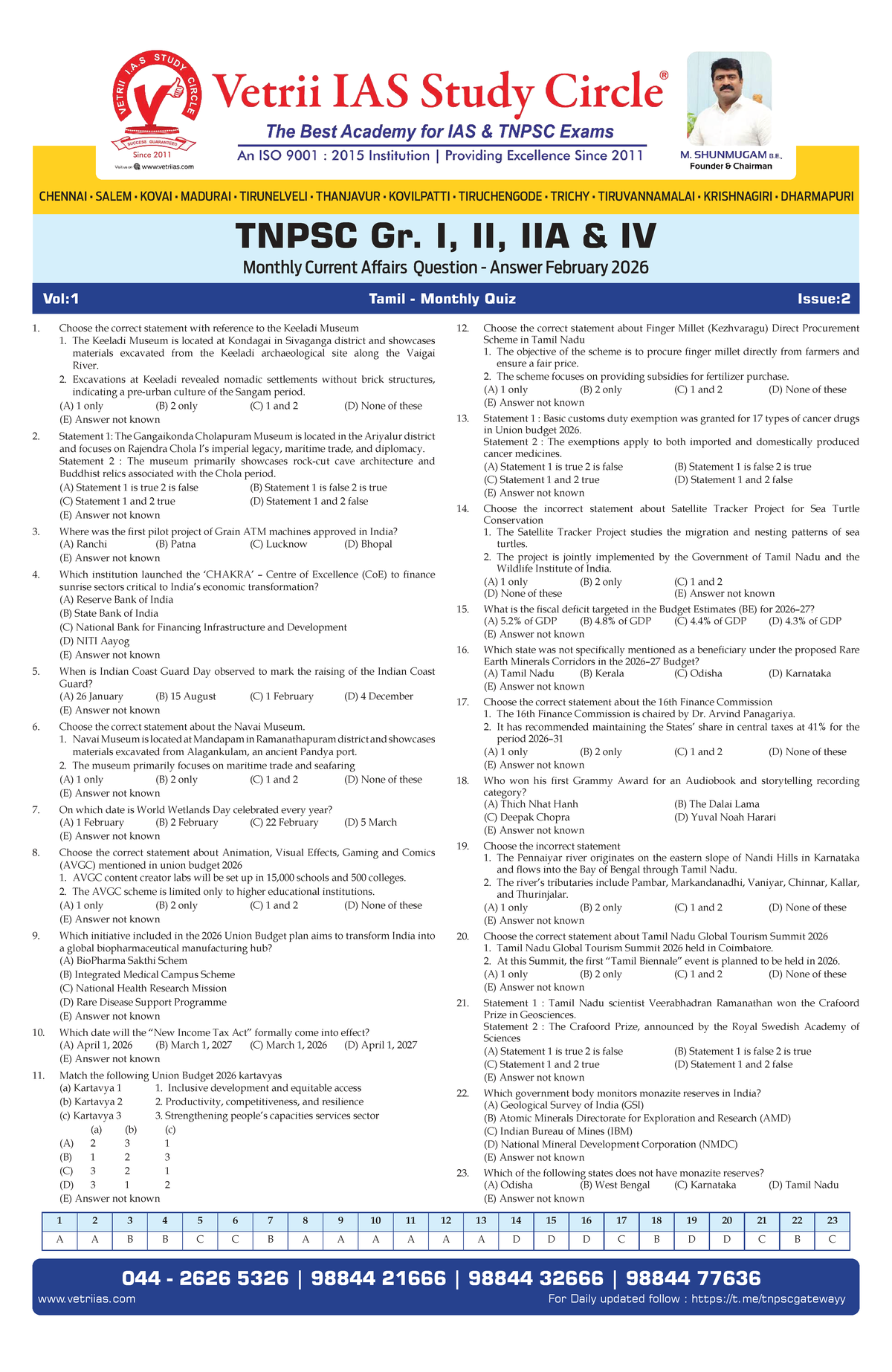 TNPSC Gr. I, II, IIA IV Monthly Current Affairs Quiz - February 2026 ...