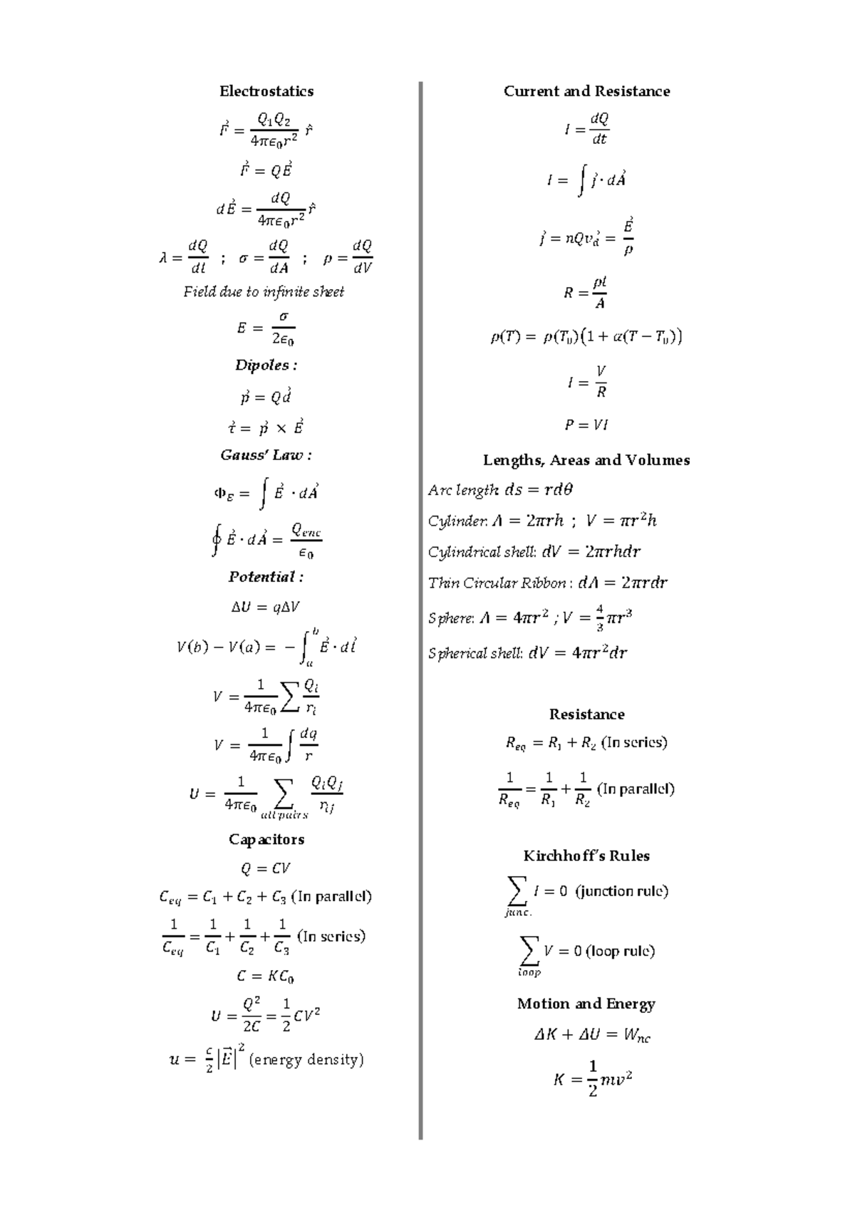 Final Exam Equation Sheet for Electrostatics and Magnetism 𝑄! - Studocu