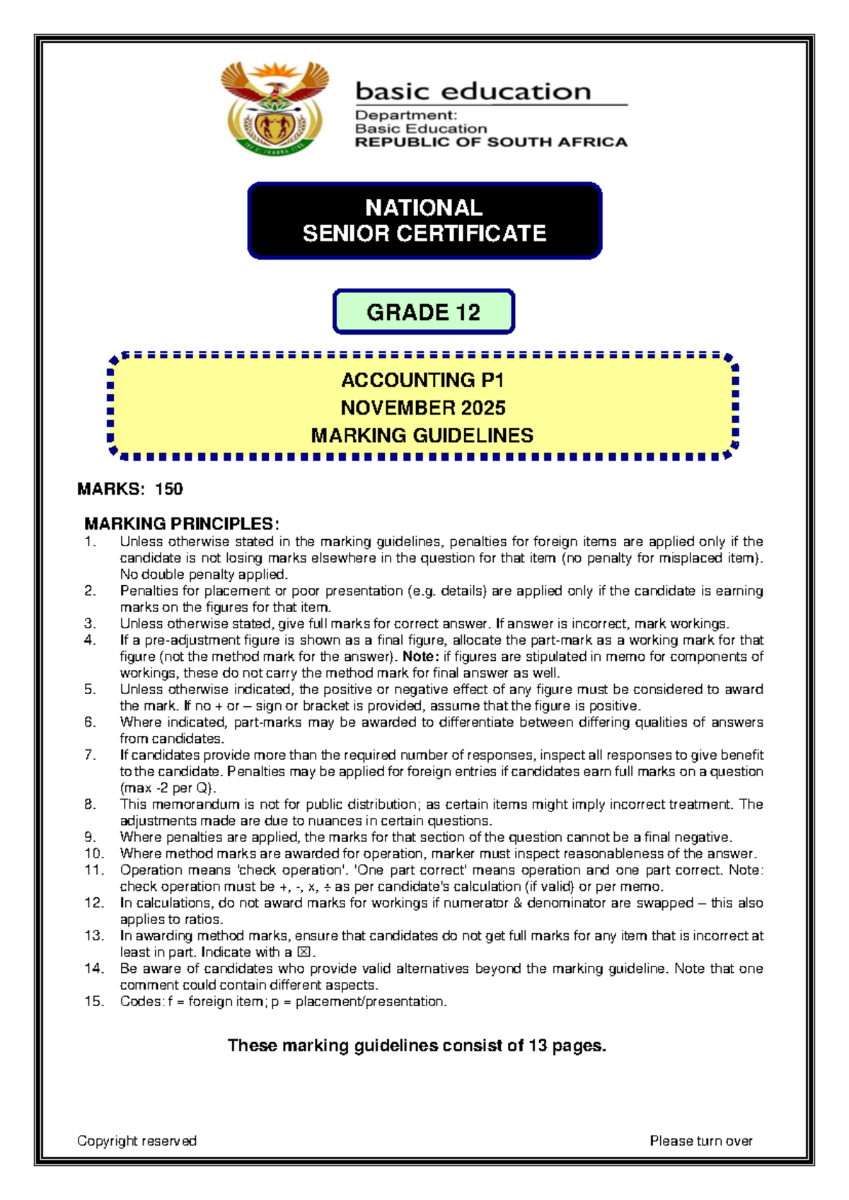 Accounting P1 Nov 2025 Marking Guidelines and Principles - Studocu