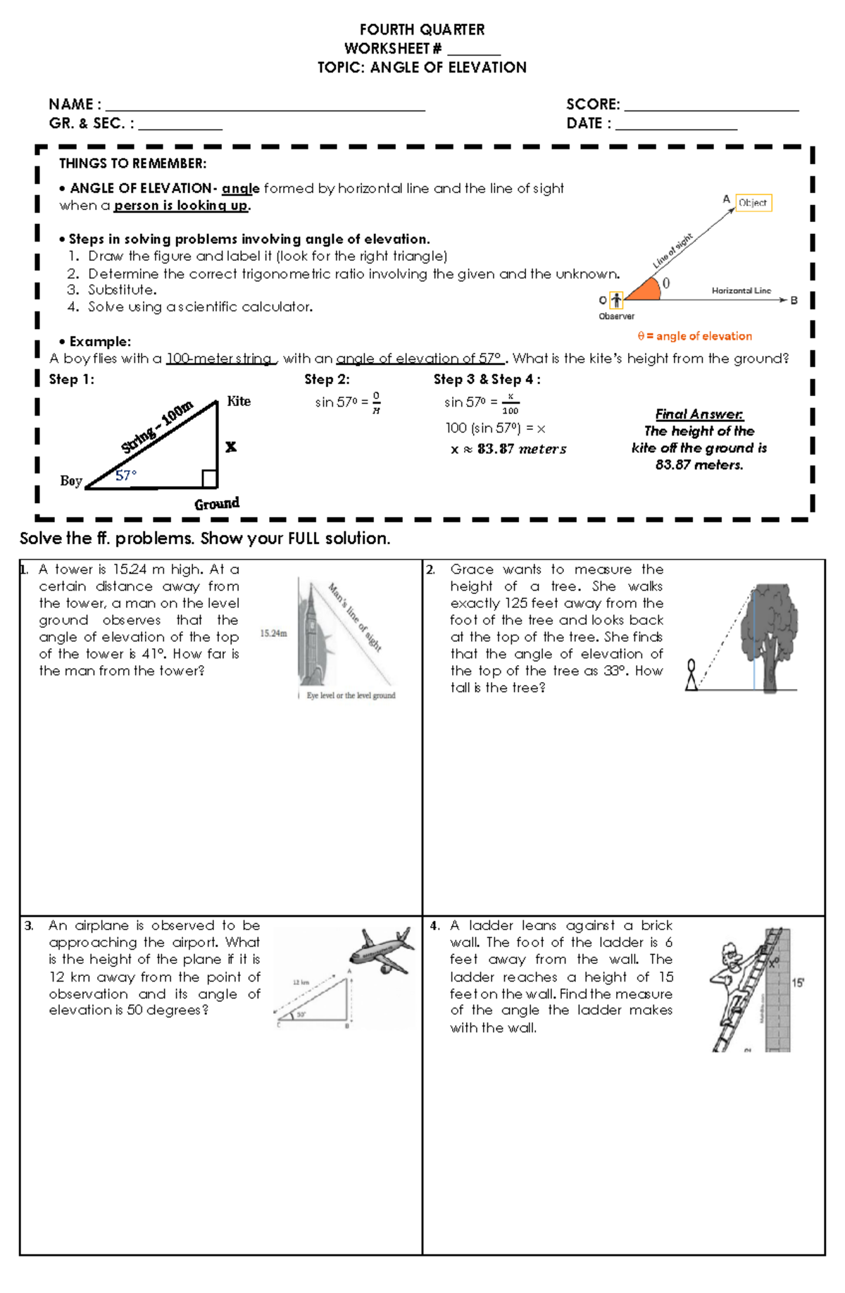 Angle of Elevation Worksheet 1: Exercises and Solutions - Studocu