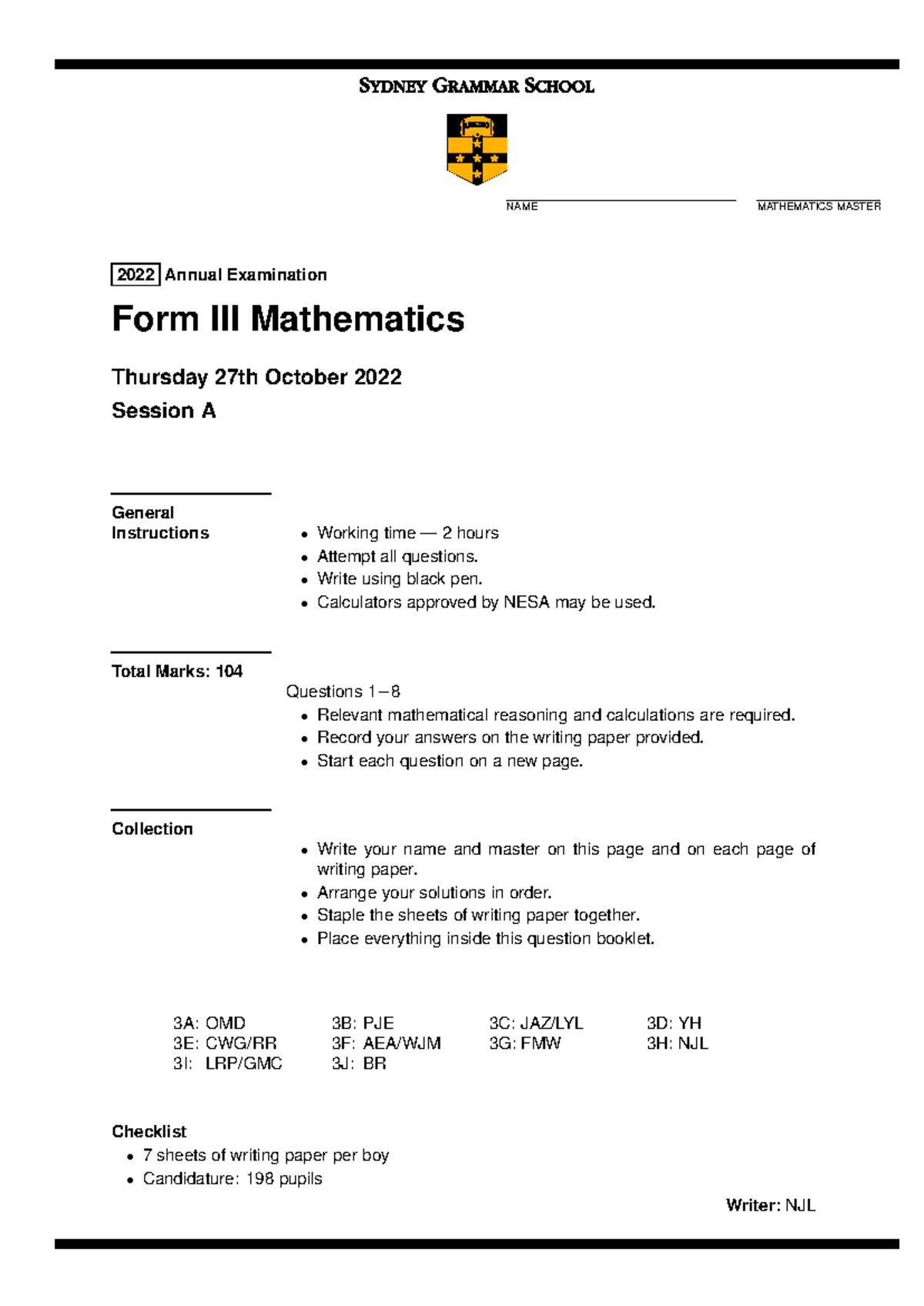 Sydney Grammar Year 9 Mathematics Annual Exam 2022 & Solutions - Studocu