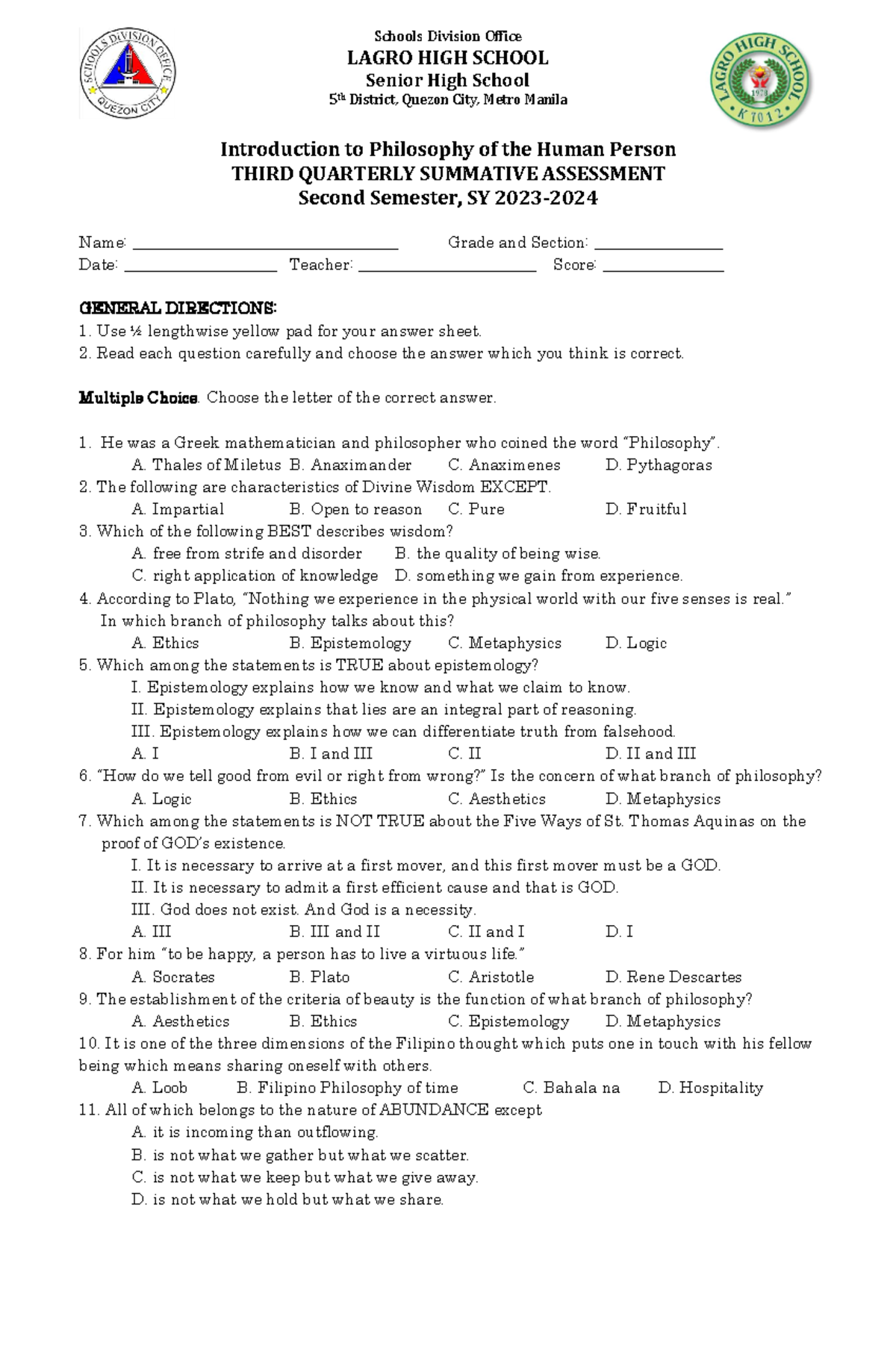 PHIL 101: Philosophy of the Human Person - 3rd Qtr. Practice Exam - Studocu