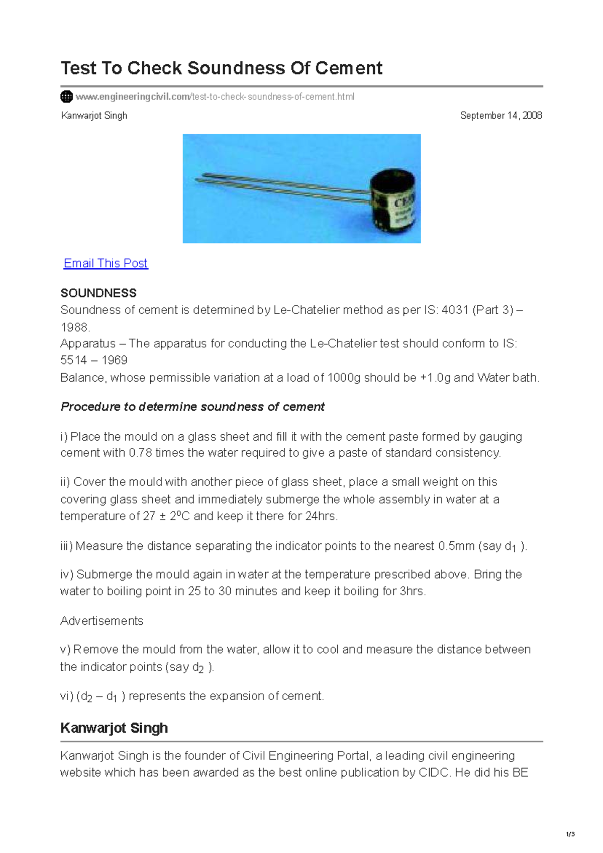 Test for Soundness of Cement as per IS: 4031 (Part 3) 1988 - Studocu