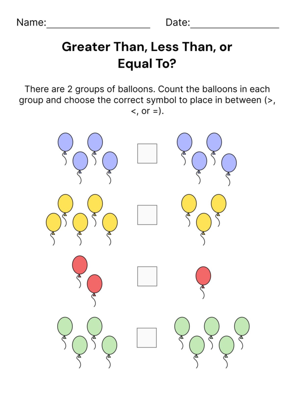 Compare Balloons: Greater Than, Less Than, or Equal To? – Version 2 ...