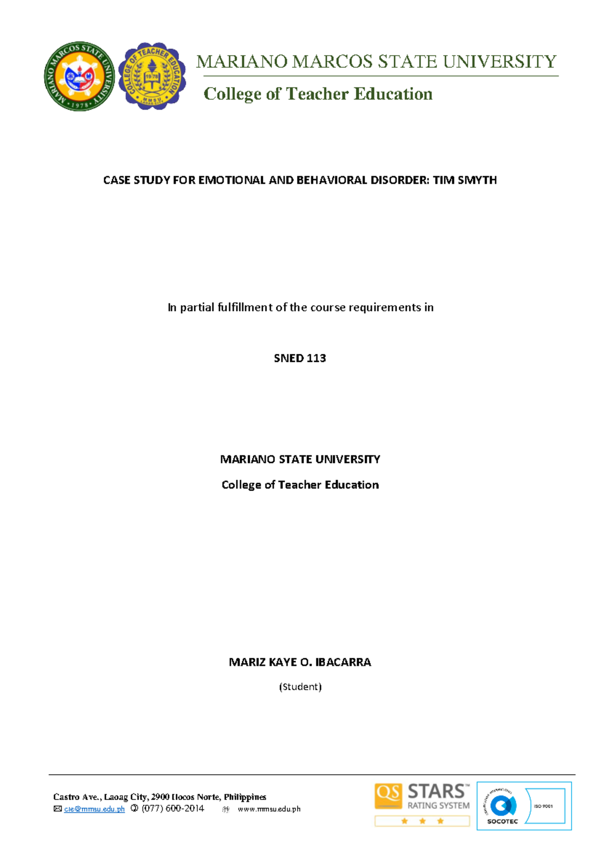 CASE Study EBD- Ibacarra MKO - College of Teacher Education Castro Ave., Laoag City, 2900 Ilocos ...