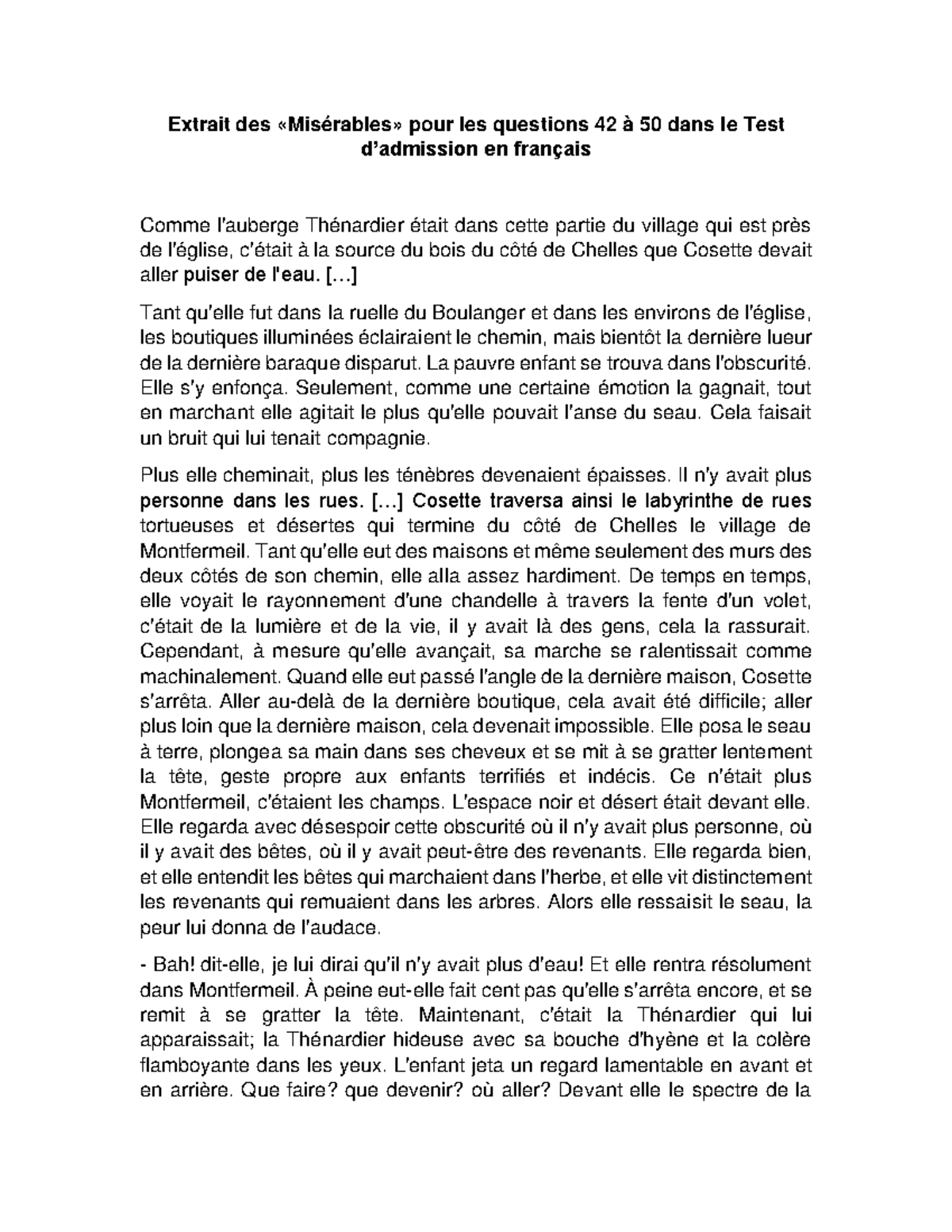 Extrait Les Misérables pour test d'admission en français - Extrait des ...