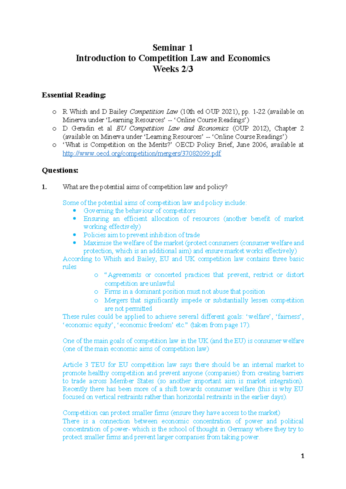 Comp Law Seminar 1: Understanding Competition Law Principles - Studocu