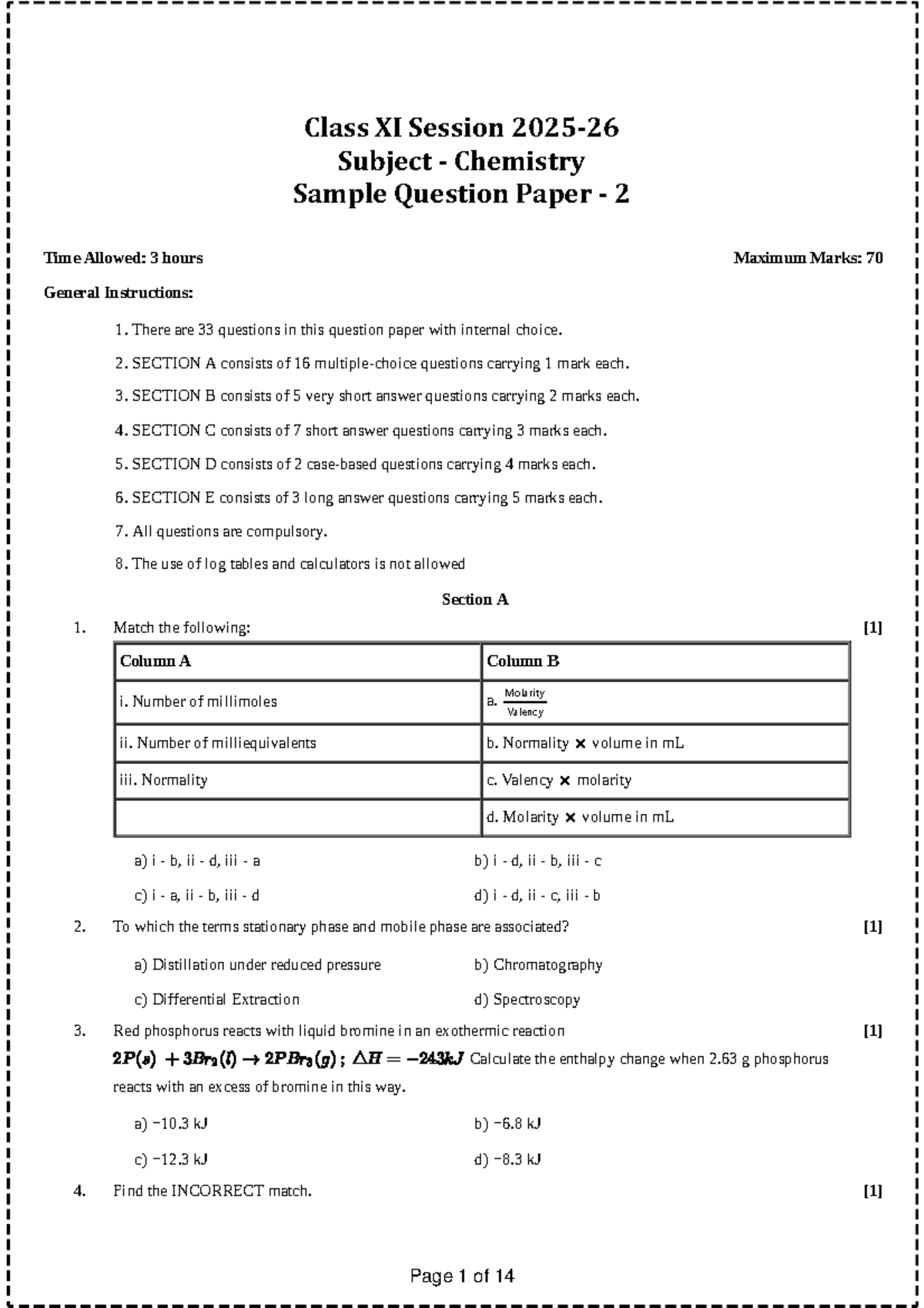 Chemistry 11 - Sample Question Paper 2 with Solutions - Studocu
