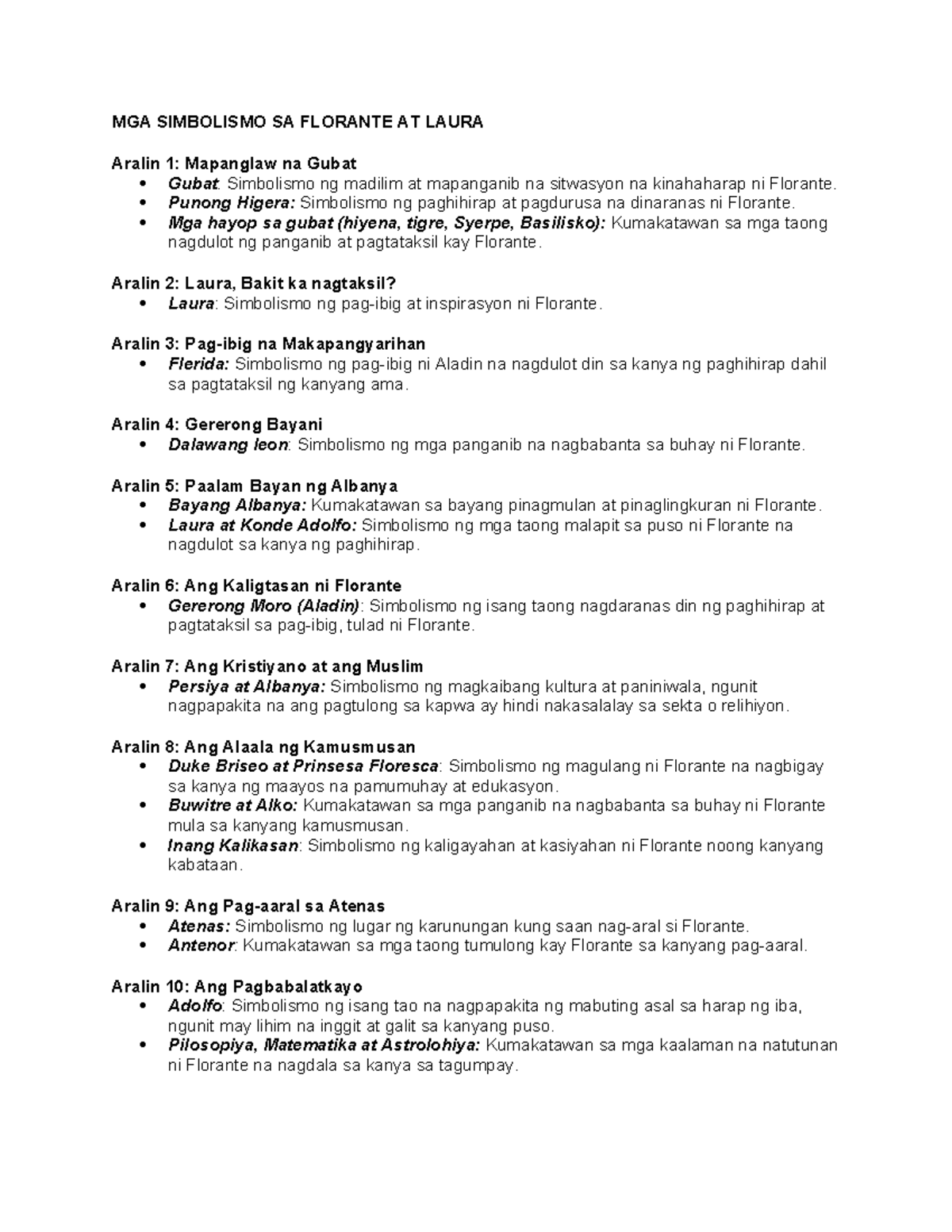 MGA SIMBOLISMO SA FLORANTE AT LAURA: Isang Detalyadong Pagsusuri - Studocu