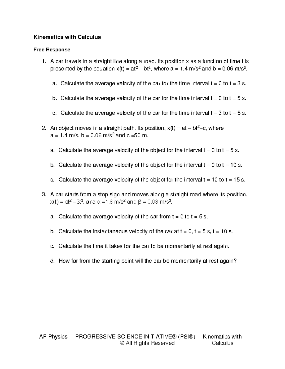 AP Physics C: Kinematics with Calculus Free Response Problems - Studocu
