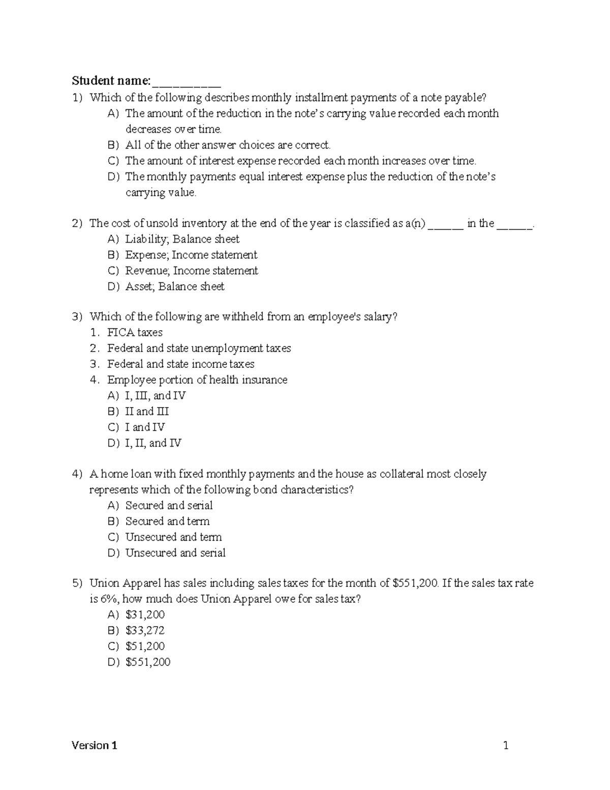 Final Exam Study Guide for Accounting Concepts (Course Code: ACC101 ...