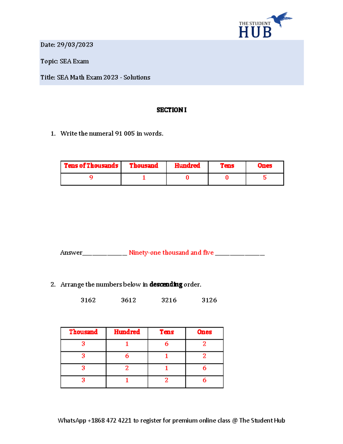 SEA Math Exam 2023 - Detailed Solutions and Explanations - Studocu