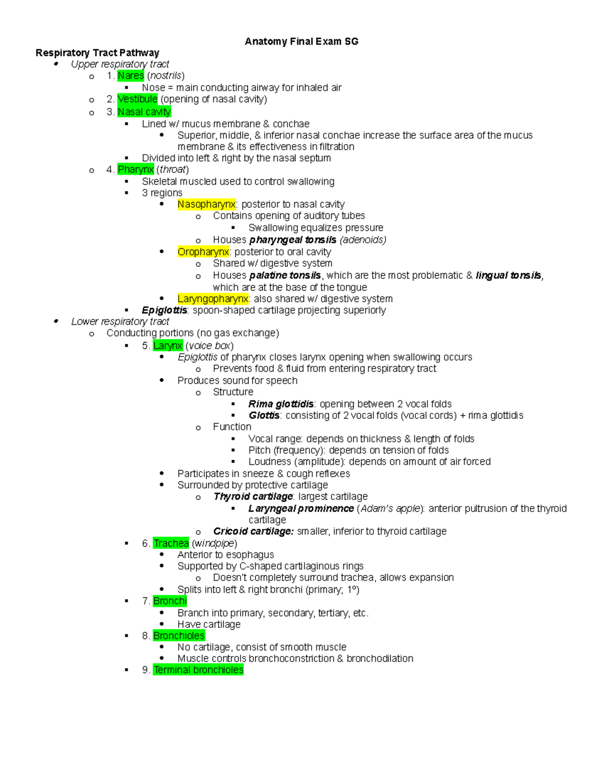 Anatomy Final Exam 5 Study Guide: Respiratory & Digestive Systems - Studocu