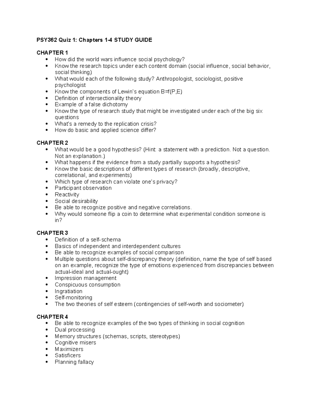 PSY362 Quiz 1 Study Guide: Social Psychology Insights and Research ...