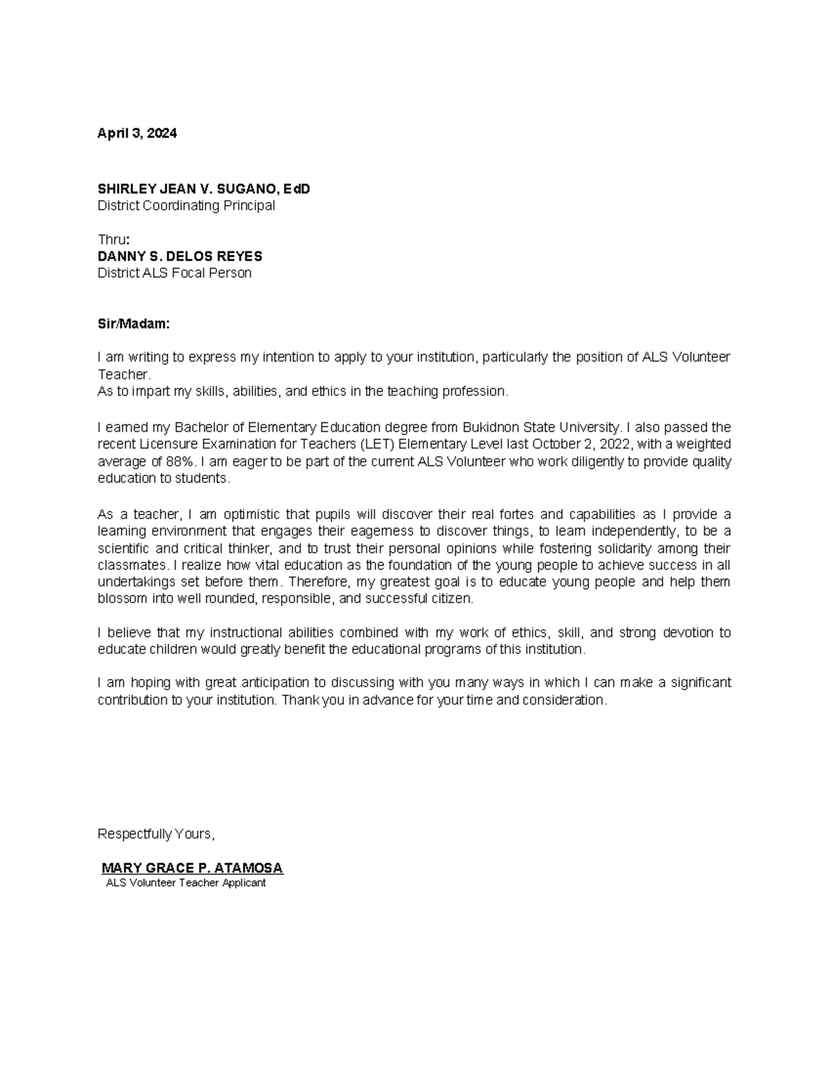 Application Letter for ALS Volunteer Teacher Position - Studocu
