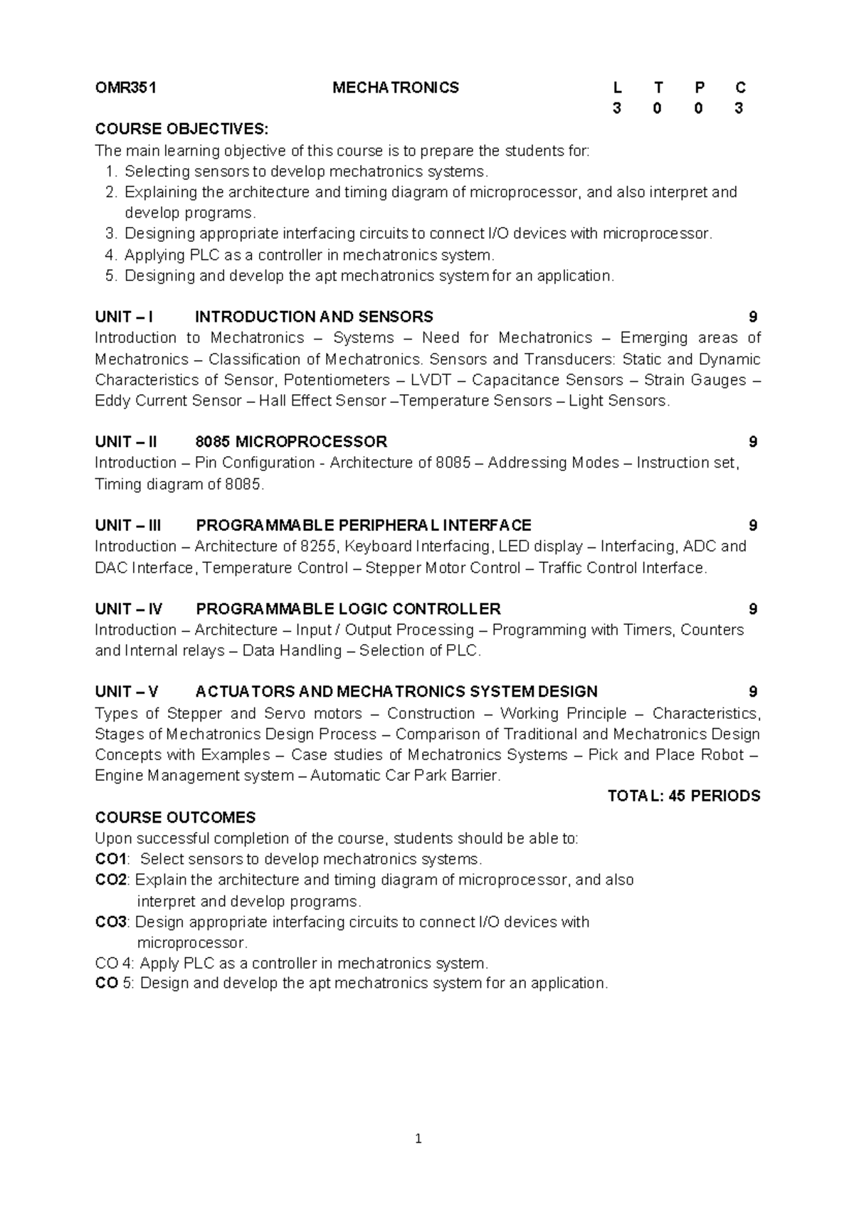 OMR351 Mechatronics Course Objectives and Syllabus Overview - Studocu