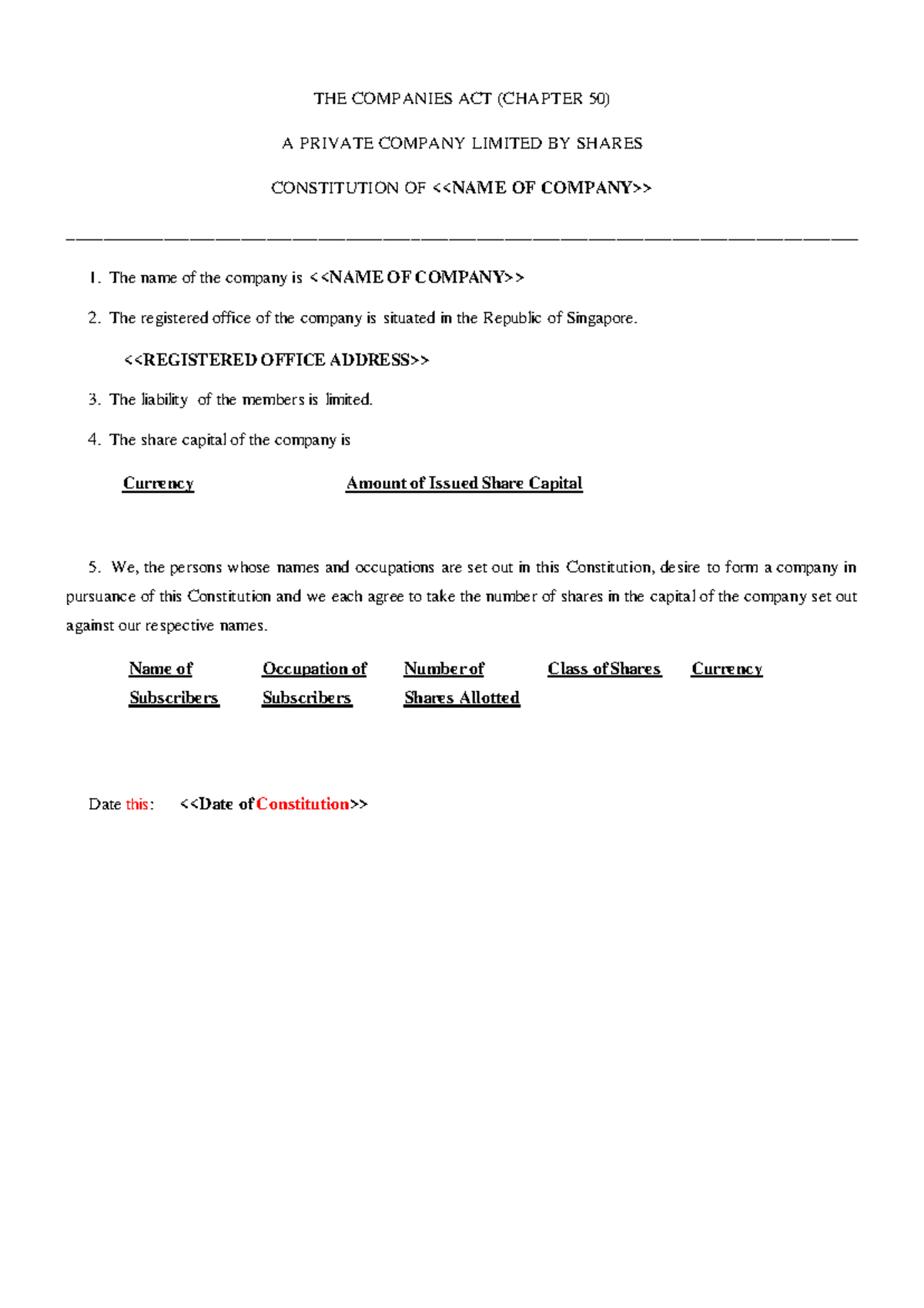 Model Constitution for PTE Ltd Company (Standard 3) Document - Studocu