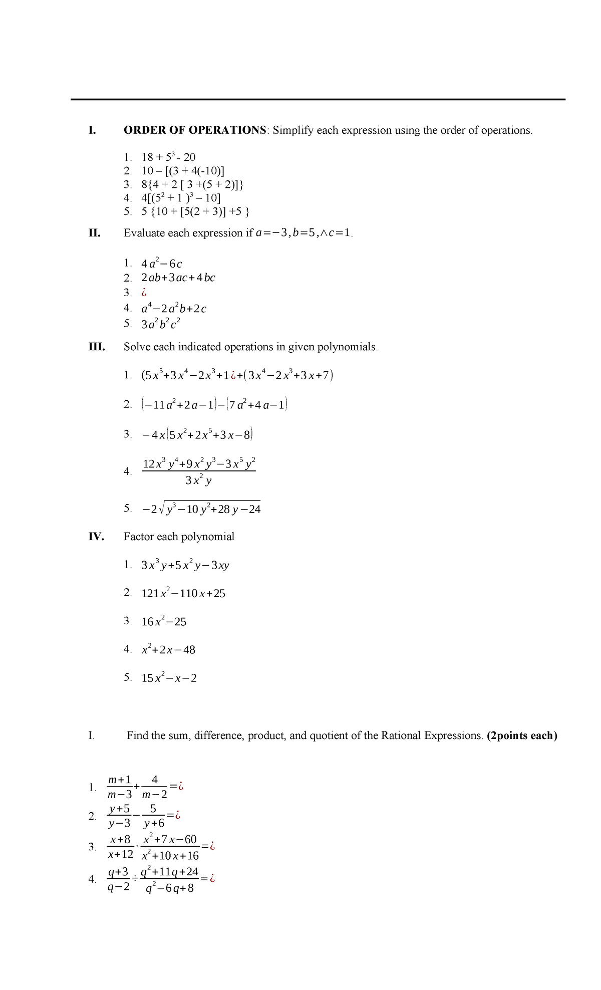 Order of Operations Worksheet: Simplifying Expressions and Polynomials ...