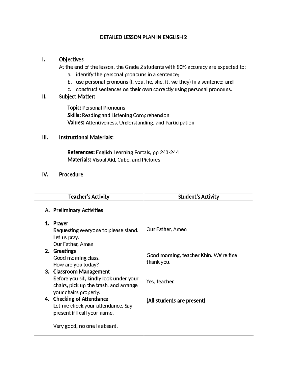 Grade 2 English Lesson Plan: Focus on Personal Pronouns - Studocu