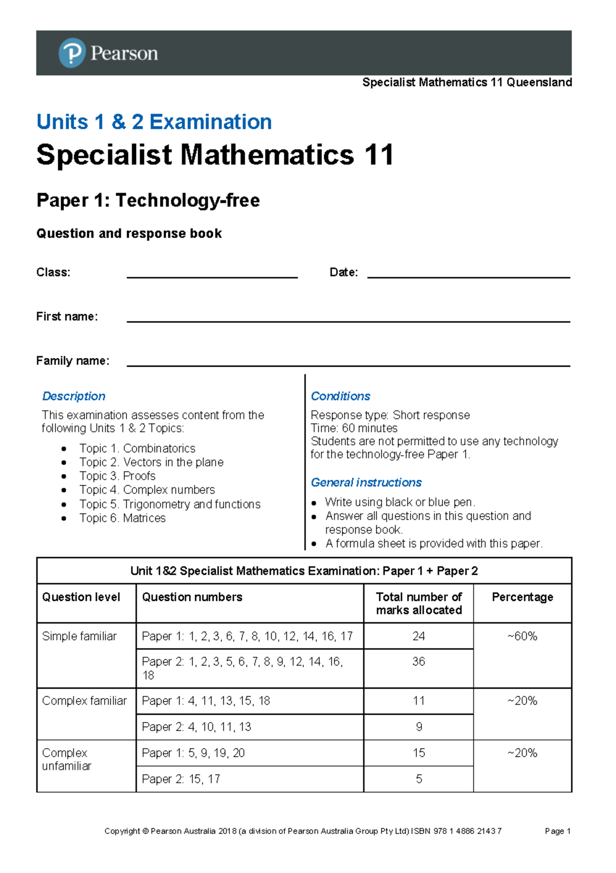 Specialist Mathematics 11 QLD Units 1 & 2 Exam Paper 1 Guide - Studocu