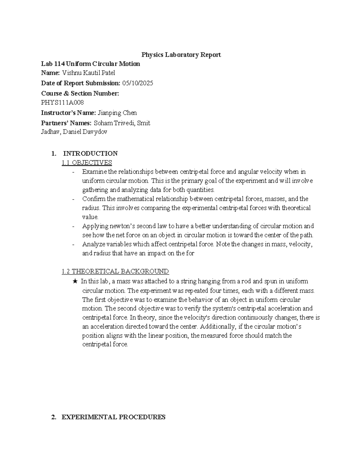 PHY 1 Lab 114 Uniform Circular Motion - Physics Laboratory Report Lab 114 Uniform Circular ...