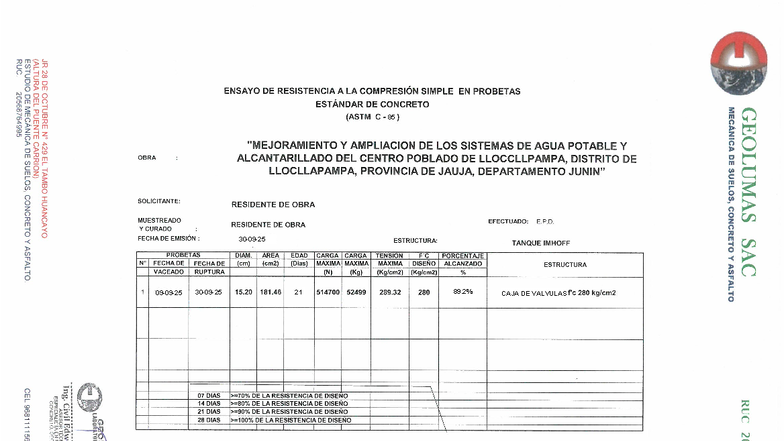 RUC. 20568764995 - Ensayo de Compresión en Probetas de Concreto - Studocu