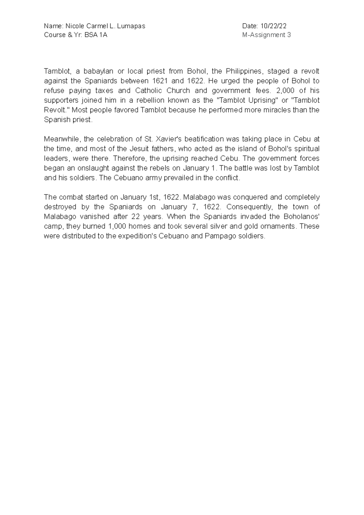 BSA 1A M - Tamblot Revolt Notes: History of the Uprising (1621-1622 ...