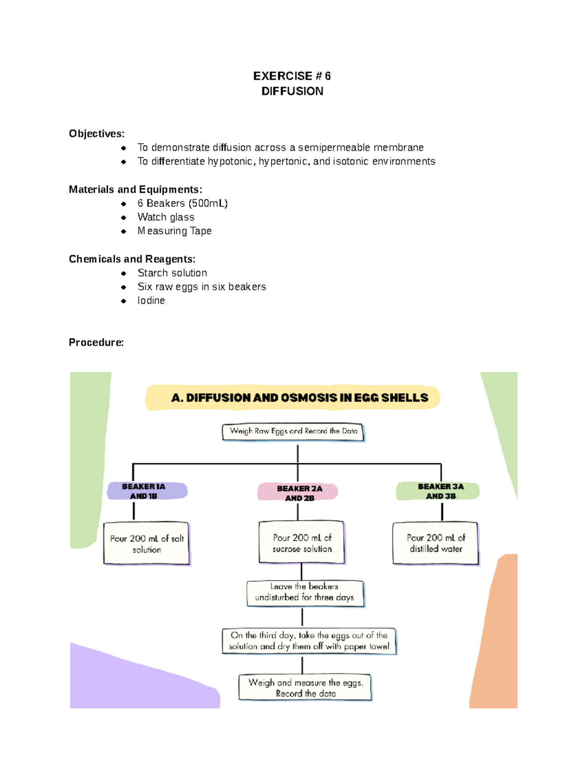 Biochemistry Experiment 15 - Diffusion - EXERCISE # 6 DIFFUSION ...
