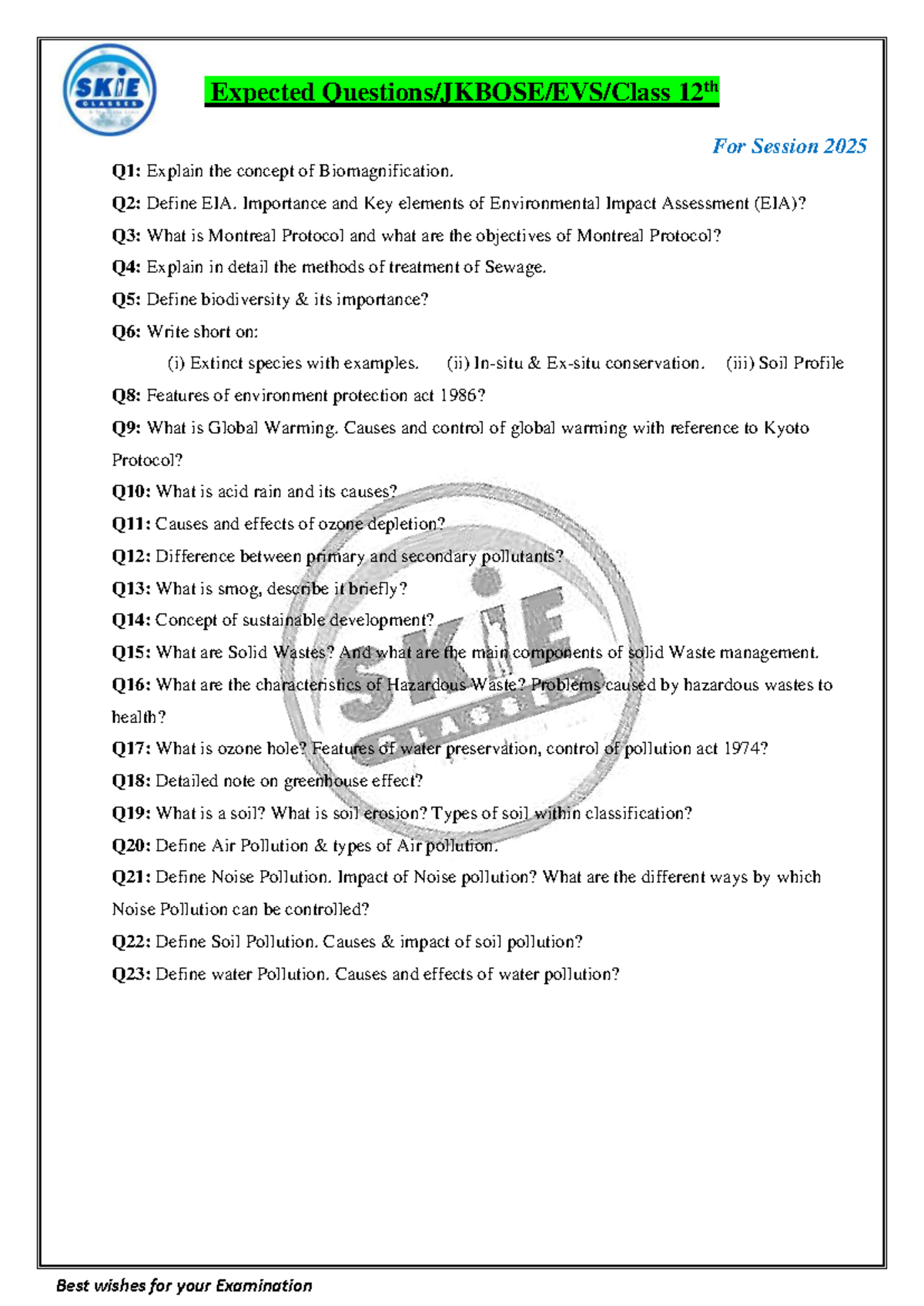 12th EVS Guess Paper: Key Concepts in Environmental Science - Studocu