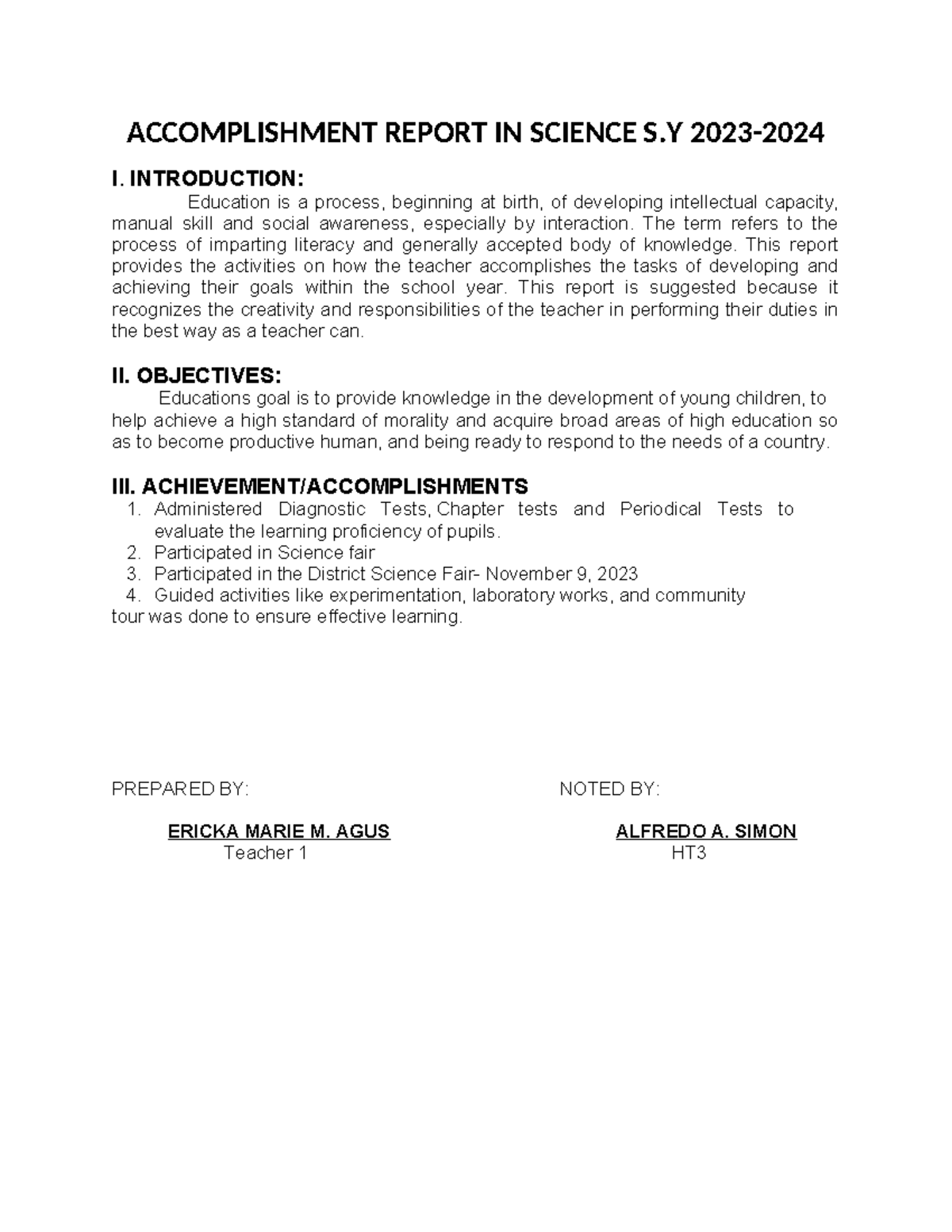 Accomplishment Report in Science S 2023: Teacher's Achievements - Studocu