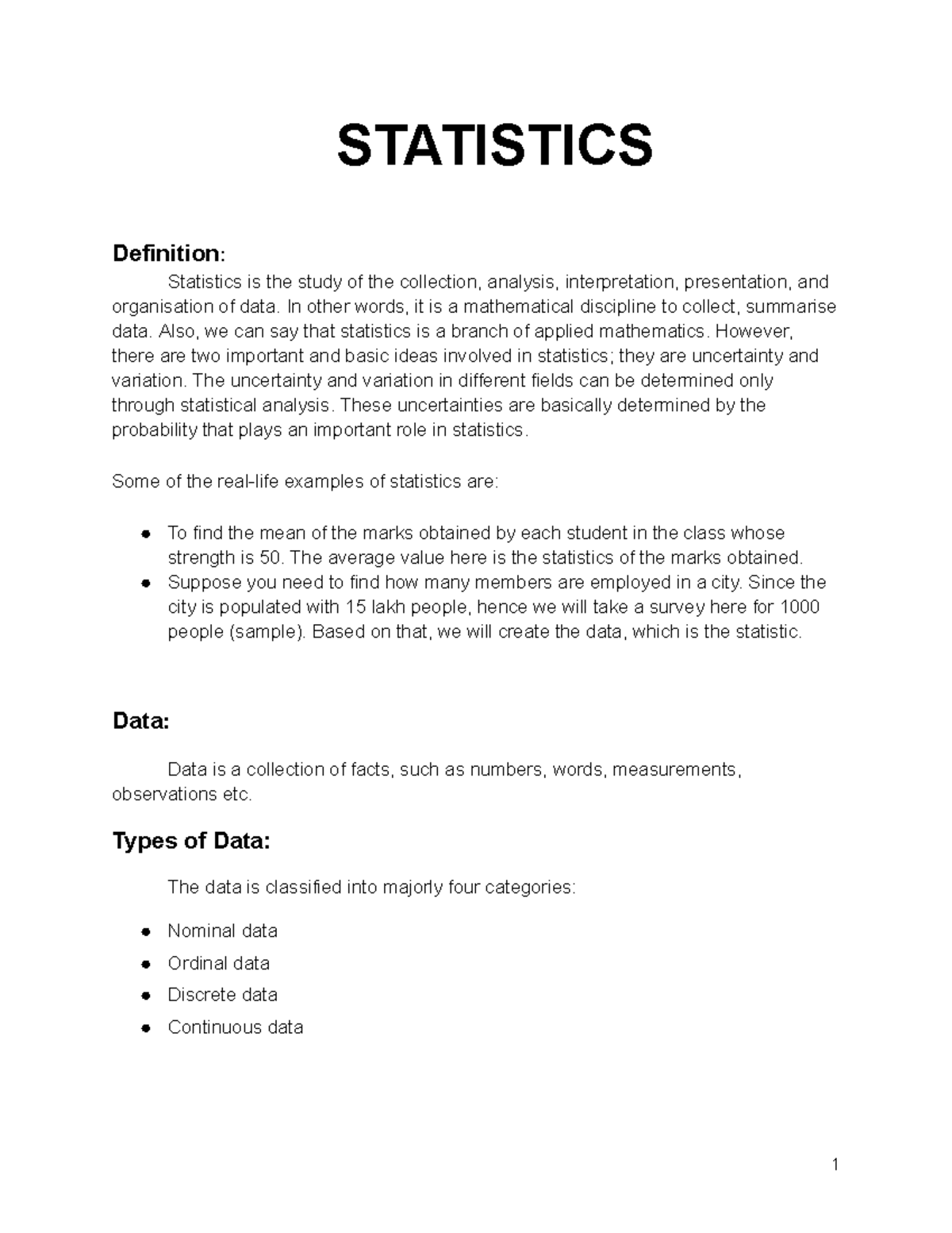 Statistics Overview and Key Concepts - STATISTICS vbbc - Studocu