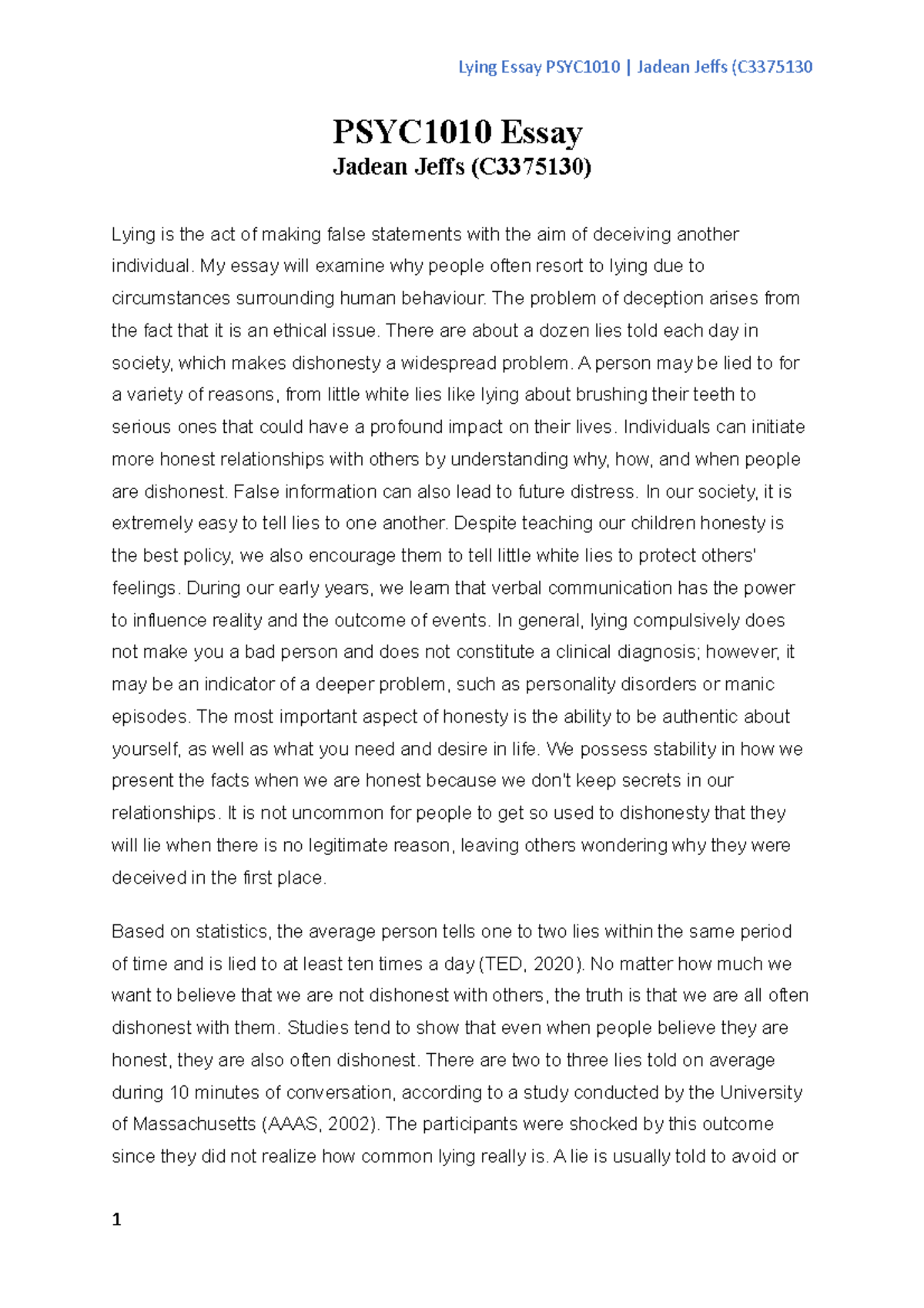 PSYC1010 Lying Essay - work from first year of psyc - Lying Essay ...