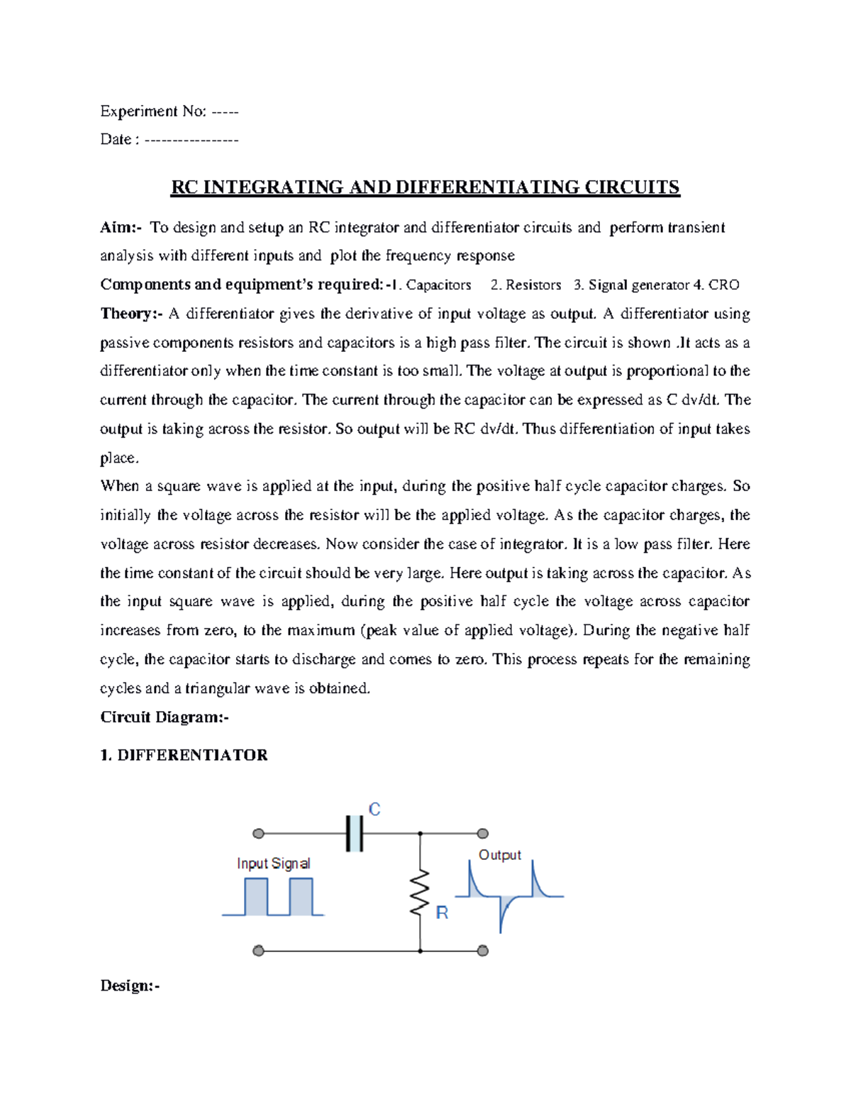 RC Integrator and Differentiator Experiment No. 1: Setup and Analysis ...