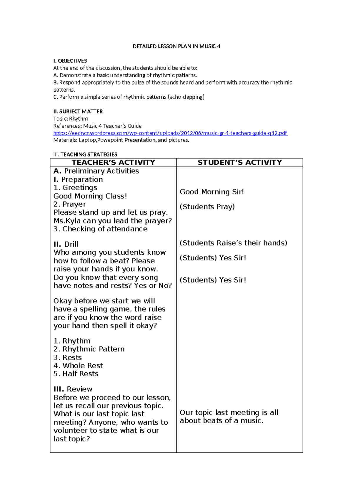Detailed Lesson Plan in Music 4: Understanding Rhythm Basics - Studocu