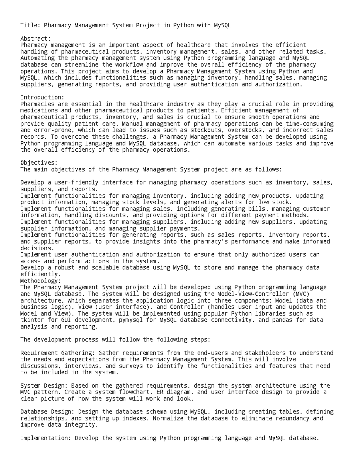 Python project ppt - Title: Pharmacy Management System Project in Python with MySQL Abstract ...