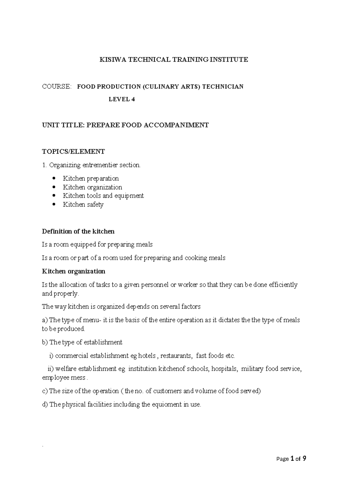 Food Production Level 4: Organizing the Entremetier Section Notes - Studocu