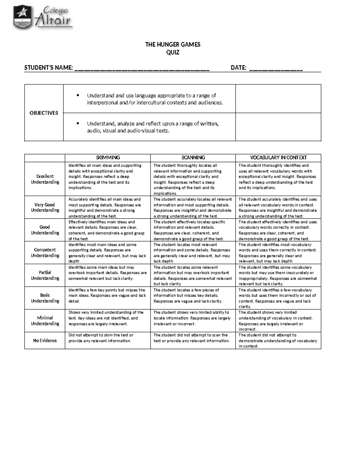 HUNGER GAMES QUIZ: Understanding Texts & Vocabulary Analysis - Studocu