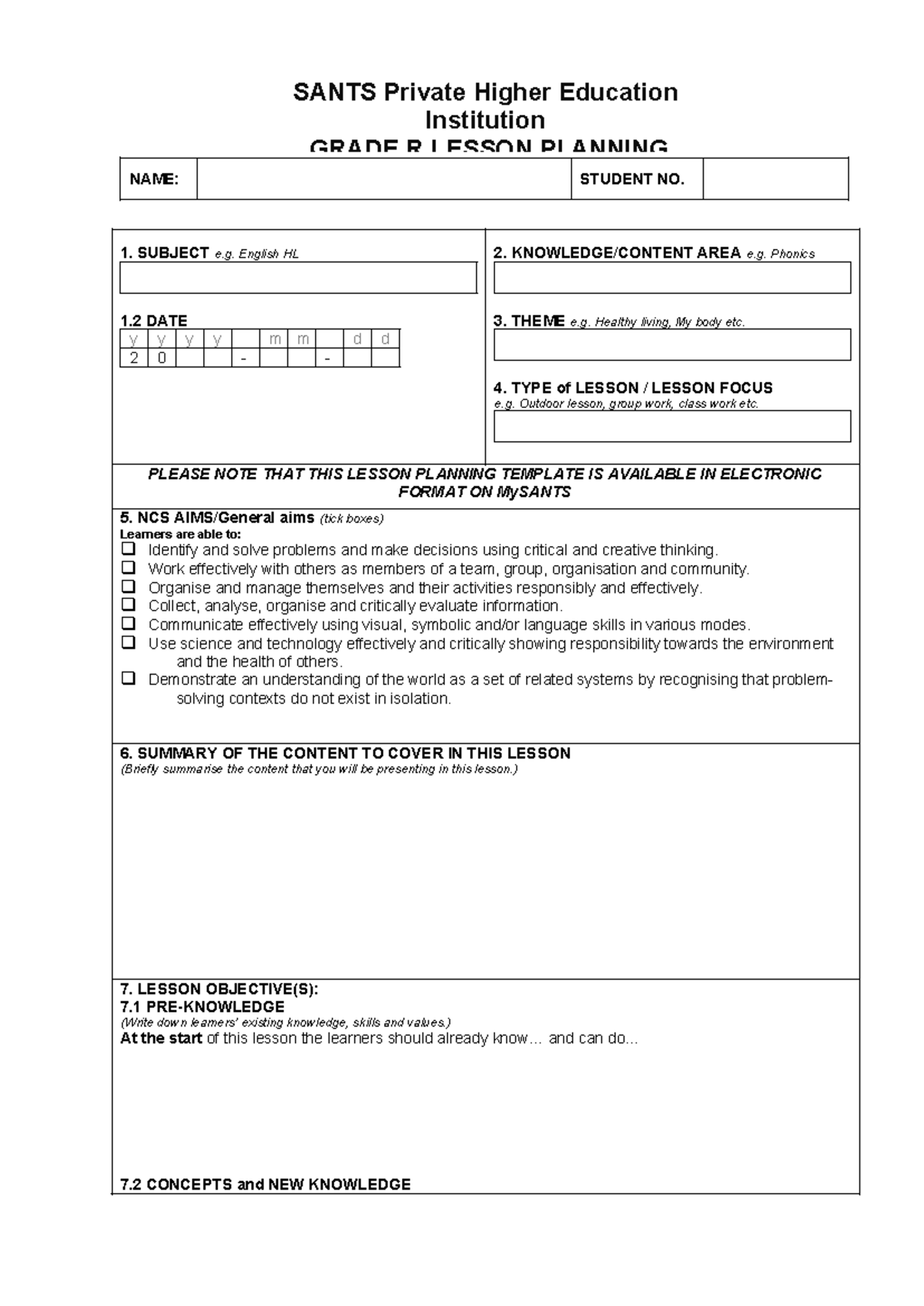 SANTS GRADE R LESSON PLANNING TEMPLATE: ENGLISH HL 1.2 - Studocu