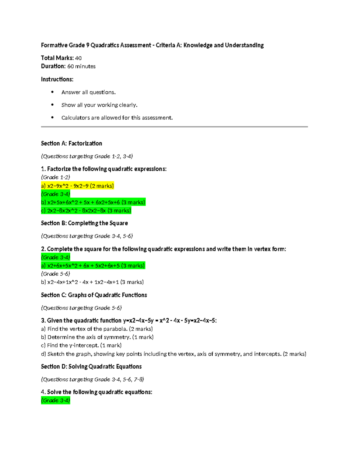 Summative part A Quadratics - Formative Grade 9 Quadratics Assessment ...