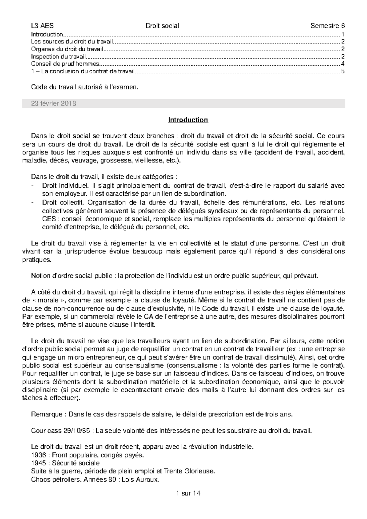 L3 AES Droit Social - Résumé Complet du Cours de l'Année 2023 - Studocu