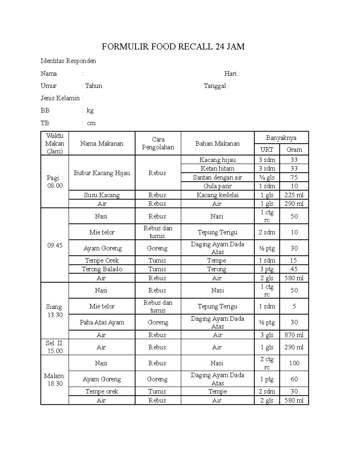 Form Recall 24 Jam: Data Responden dan Pola Makan Harian - Studocu